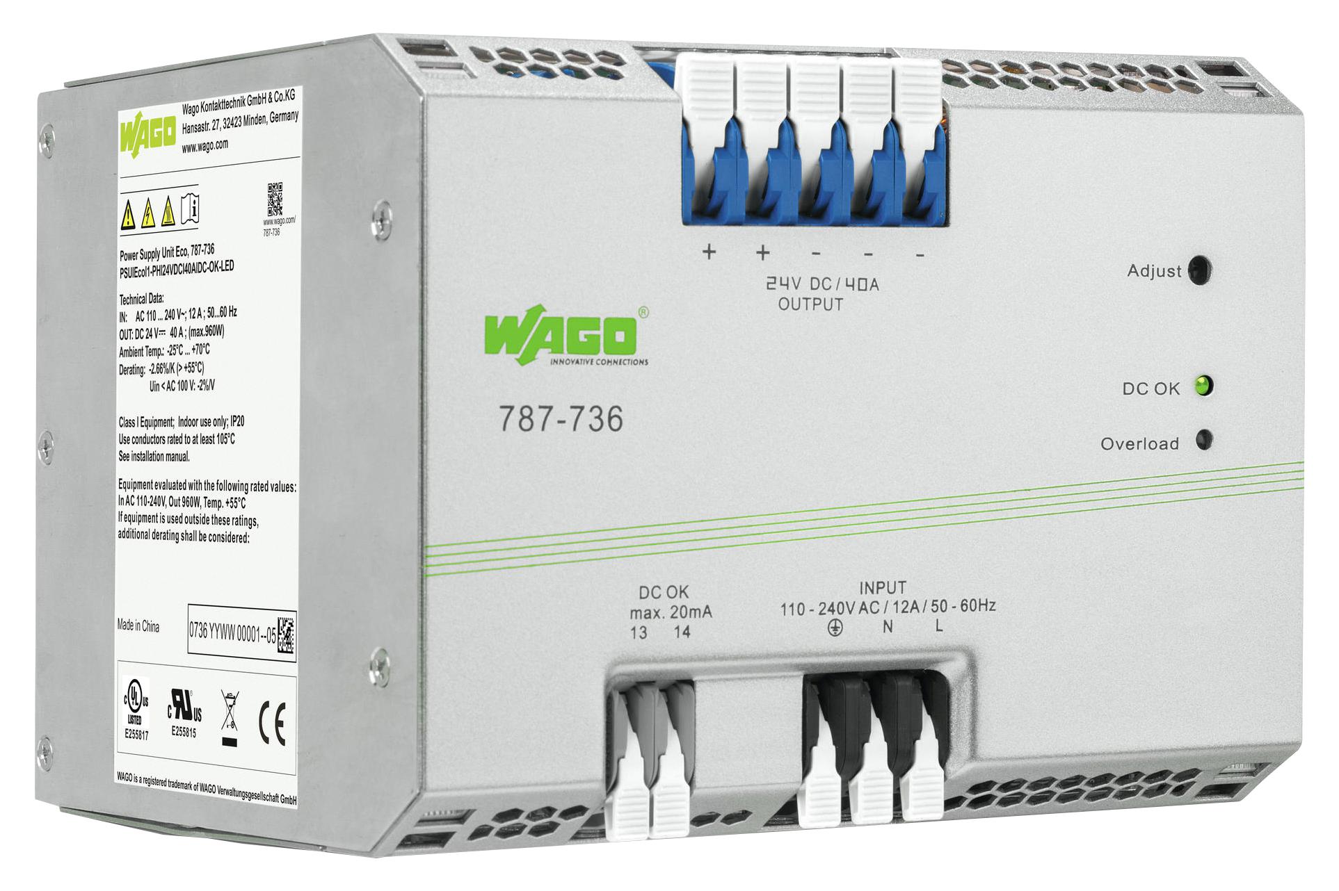 787-736 - Wago - AC/DC DIN Rail Power Supply (PSU), ITE, 1 Output ...