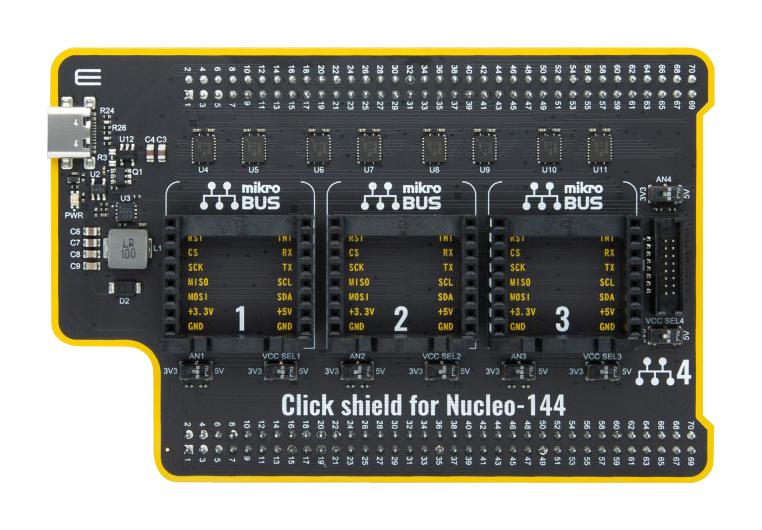 MIKROE-5487 - Mikroelektronika - Expansion Board, Click Shield Nucleo-144, STM32 | element14 Korea